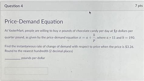 Solved Question 4 7 Pts Price Demand Equation At Yastermart