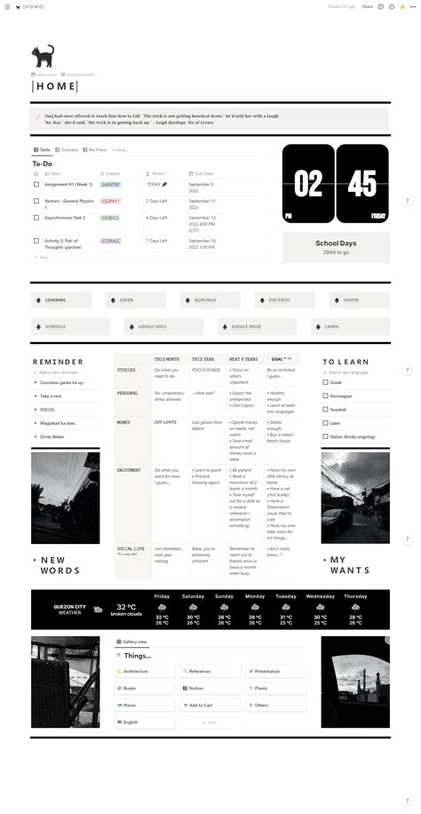 simple black and white notion dashboard notion template notion aesthetic em 2024 organizando