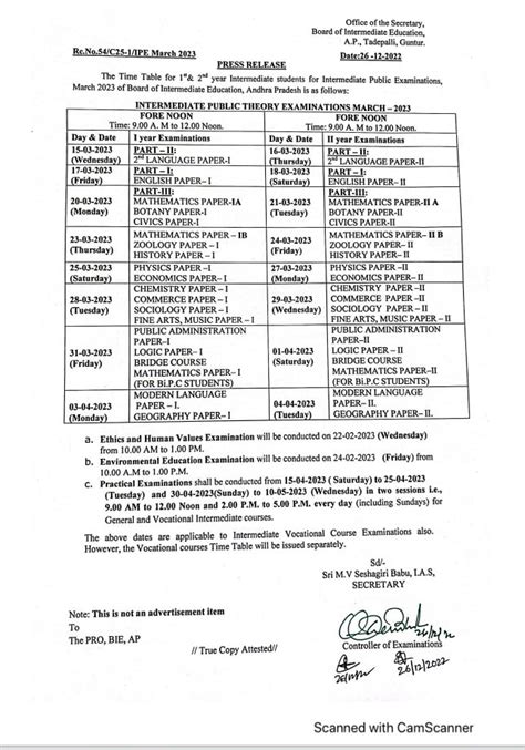 andhra pradesh intermediate board 2023 ap 12th date sheet admit card