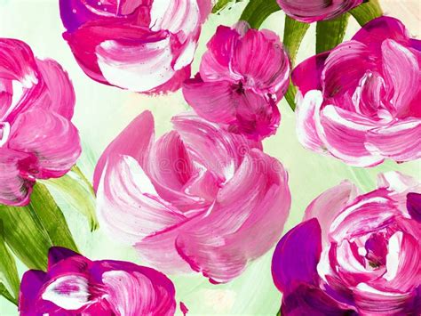 Abstract Pink Flowers Original Hand Drawn Impressionism Style Color