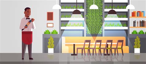 전문 웨이터 와인 아프리카 계 미국인 남자 레스토랑 노동자 의 병 을 제공 하는 빨간 앞치마 제공 알코올 음료 현대 카페 인테리어 플랫 전체 길이 수평 가공의 인물에 대한