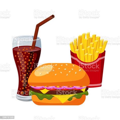 패스트 푸드 일러스트 세트 햄버거 레모네이드 및 프렌치 프라이 패스트 푸드 체인 카페의 전통적인 테이크 아웃 음식 그릇에 대한