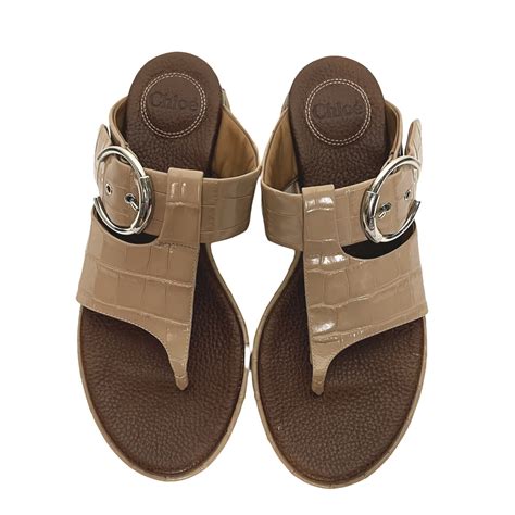 Chloe Croc Embossed Nougat Leather Slides Sz 39 Us 8 … Gem