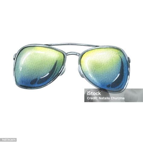 파란색 반사 렌즈가 있는 파일럿 선글라스 수채화 그림 손으로 그린 흰색 배경에 격리된 개체입니다 여름과 해변 인쇄물 작곡 패턴의 장식 및 디자인 개인 장식품에 대한 스톡