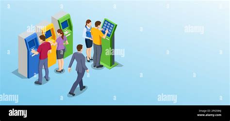 isometric man waiting for the credit card inserting from atm machine