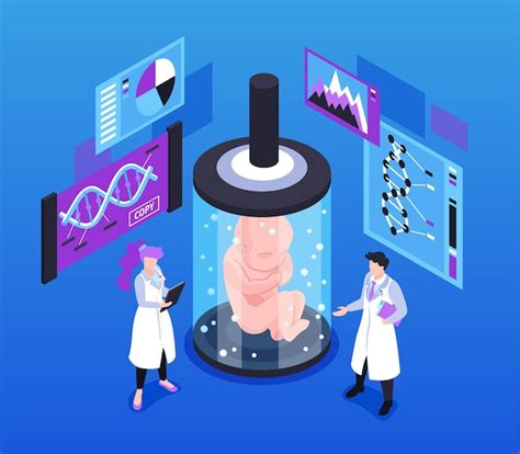 Free Vector Human Cloning Isometric Illustration With Scientists Embryo In Medical Glass