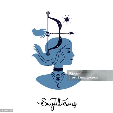 궁수 자리 조디악 표지판 활과 화살을 가진 전사의 여성 파란색 실루엣 흰색 배경에 고립 된 소녀가있는 천문 표지판의 벡터 일러스트레이션 별자리 조디악 궁수자리 궁수자리에