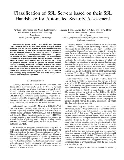 Pdf Classification Of Ssl Servers Based On Their Ssl Handshake For Automated Security Assessment