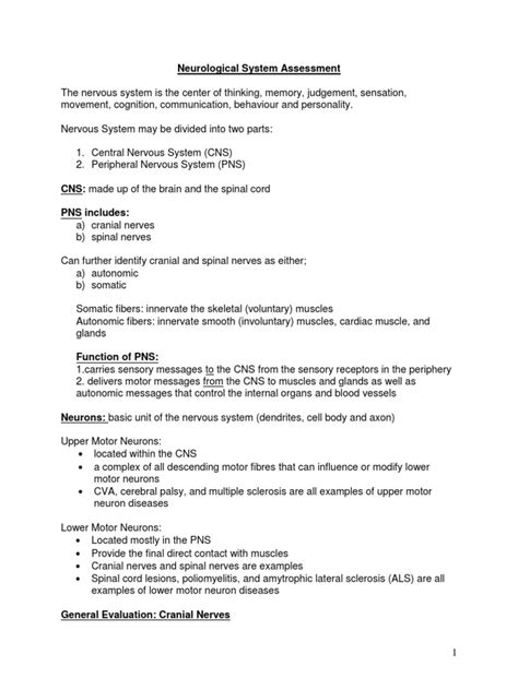 Nervous System Assessment Guide Pdf Motor Neuron Central Nervous