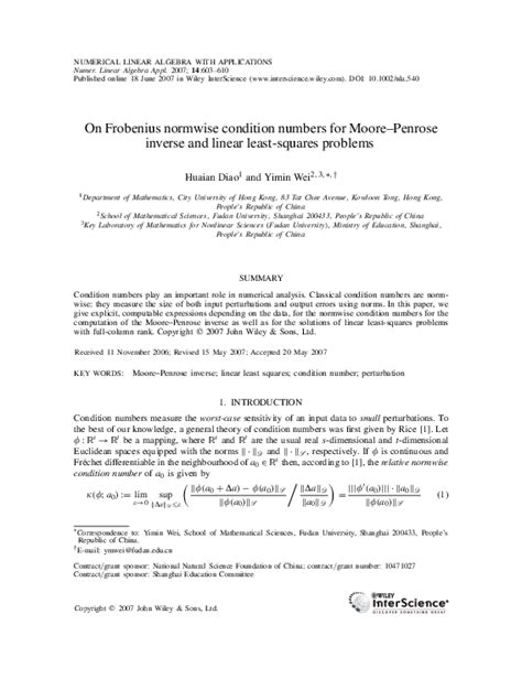 Pdf On Frobenius Normwise Condition Numbers For Moorepenrose Inverse
