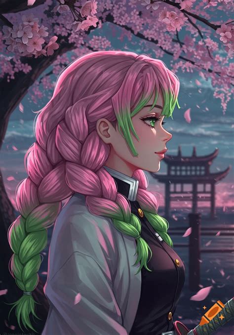 An Anime Illustration Of Mitsuri Kanroji With Pink And Green Hair