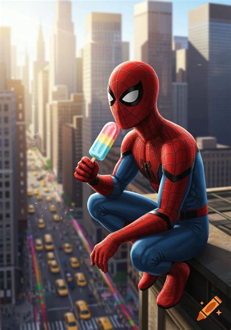 Spider Man In His Classic Suit Sits On A Building Ledge Eating A