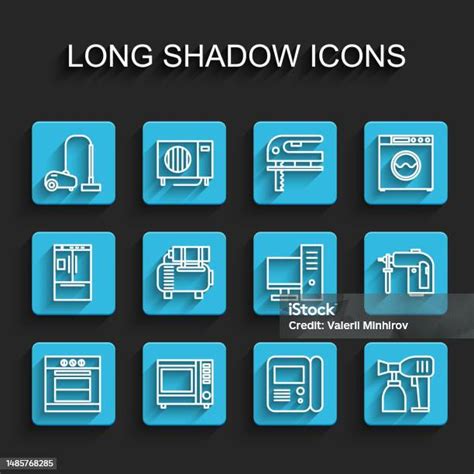 세트 라인 오븐 전자 레인지 진공 청소기 하우스 인터콤 시스템 페인트 스프레이 건 공기 압축기 로터리 해머 드릴 기계 및 컴퓨터 모니터 아이콘 벡터 Rotary