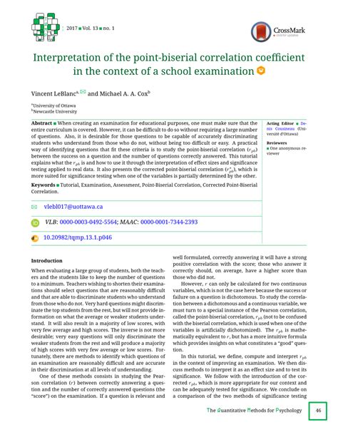Pdf Interpretation Of The Point Biserial Correlation Coefficient In