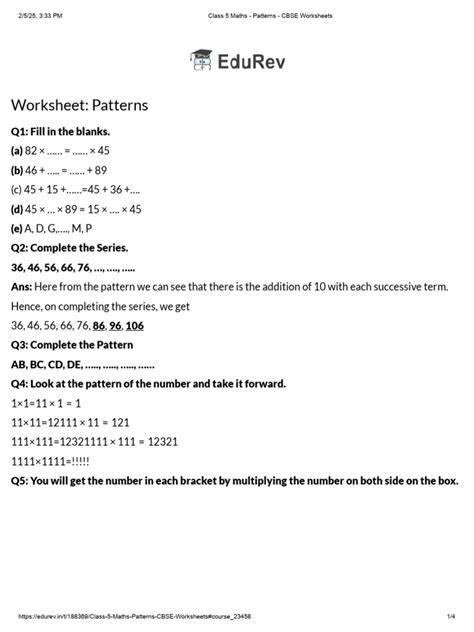 Class 5 Maths Patterns Cbse Worksheets Pdf