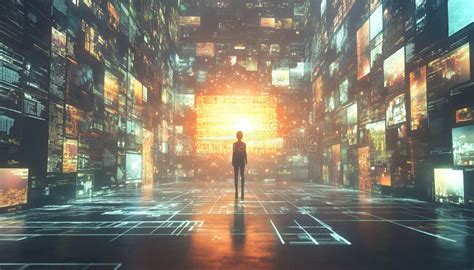 Man Facing A Wall Of Glowing Images Representing Big Data Concept Of