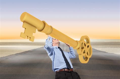 Businessman Carrying Large Key With Arms Raised Against Road Leading