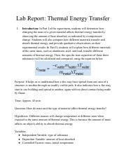Lab Report Thermal Energy Transfer Pdf Lab Report Thermal Energy Transfer I Introduction In
