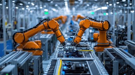 workers programming robotic arms in a hightech industrial manufacturing facility premium ai