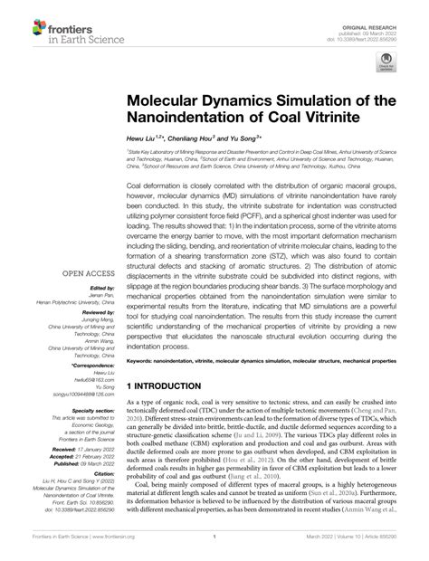 Pdf Molecular Dynamics Simulation Of The Nanoindentation Of Coal Vitrinite
