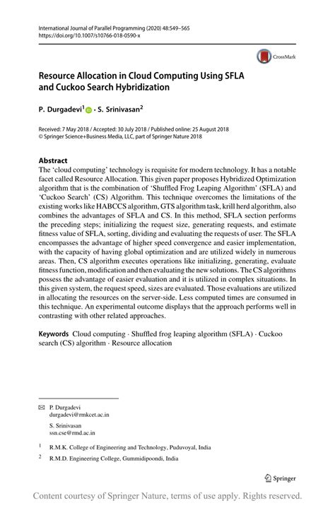 resource allocation in cloud computing using sfla and cuckoo search