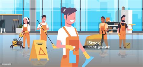 쉼터 팀 청소 서비스 개념 청소기 팀 유니폼과 함께 작업 전문 장비 현대 공동 작업 센터 사무실 인테리어 평면 전체 길이 수평 관리인에 대한 스톡 벡터 아트 및 기타 이미지