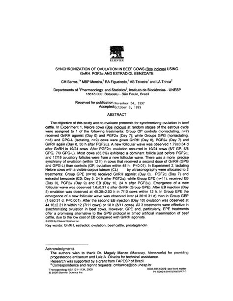 Pdf Synchronization Of Ovulation In Beef Cows Bos Indicus Using Gnrh Pgf2α And Estradiol