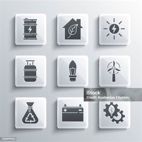 세트 자동차 배터리 기어 기계 풍력 터빈 전구 재활용 프로판 가스 탱크 바이오 연료 배럴 및 태양 에너지 패널 아이콘에 쓰레기 봉투 리프 식물 벡터 0명에 대한 스톡 벡터