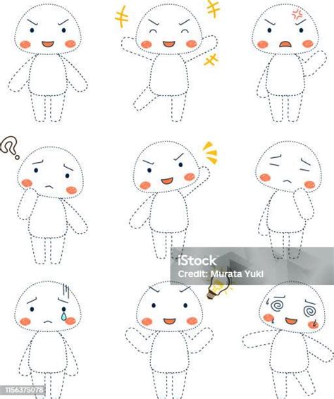 귀여운 점선 화이트 맨 캐릭터 세트의 전체 길이 일러스트 걱정하는에 대한 스톡 벡터 아트 및 기타 이미지 걱정하는 귀여운