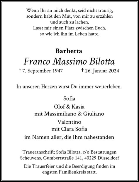 Alle Traueranzeigen Für Franco Massimo Bilotta Trauerrp Onlinede
