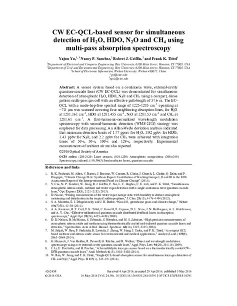 Pdf Cw Ec Qcl Based Sensor For Simultaneous Detection Of H2o Hdo N2o And Ch4 Using Multi