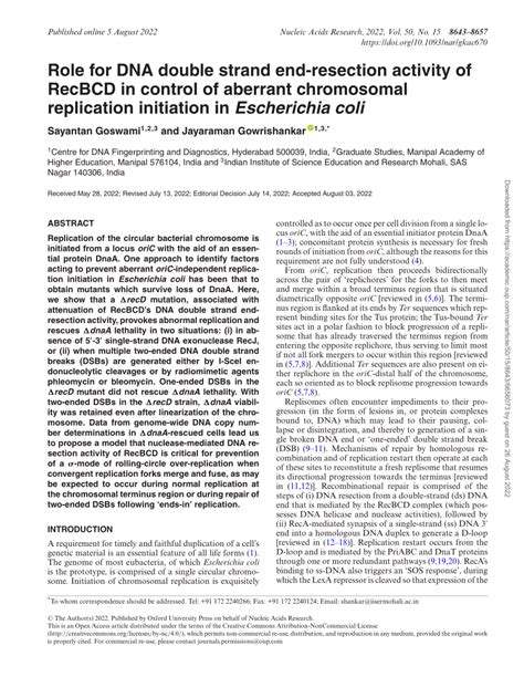 Pdf Role For Dna Double Strand End Resection Activity Of Recbcd In