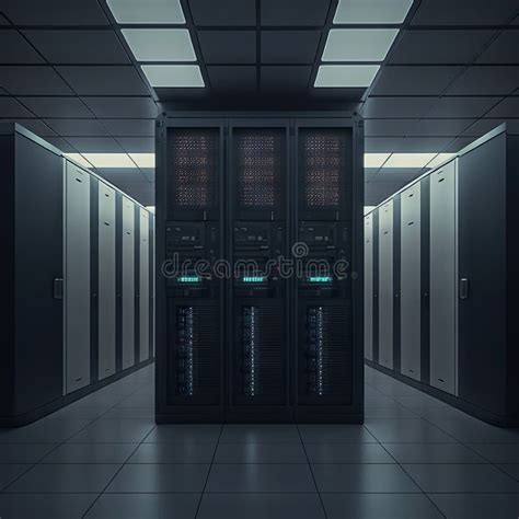 Dark Server Room Interior With Rows Of Servers Generative Ai Stock Illustration Illustration