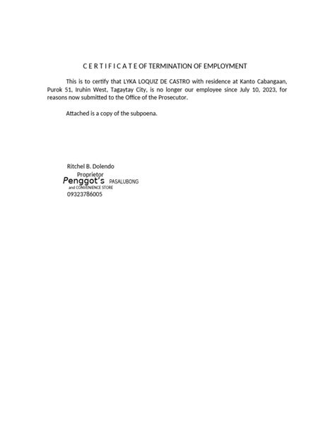 Termination Certificate Pdf