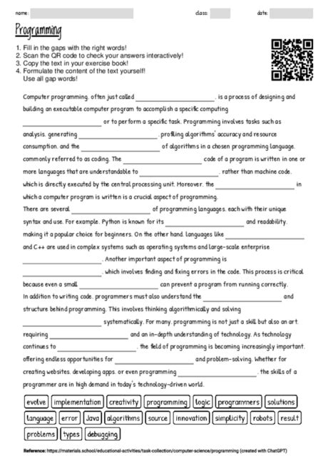 Worksheet With The Topic Programming Materialsschool