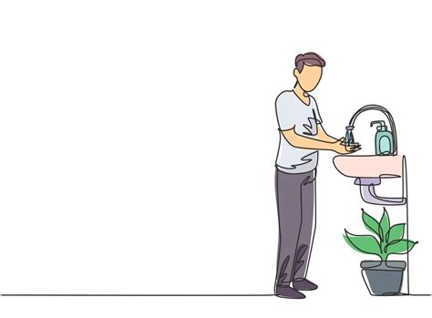 Single Continuous Line Drawing A Man Washes His Hands In The Sink