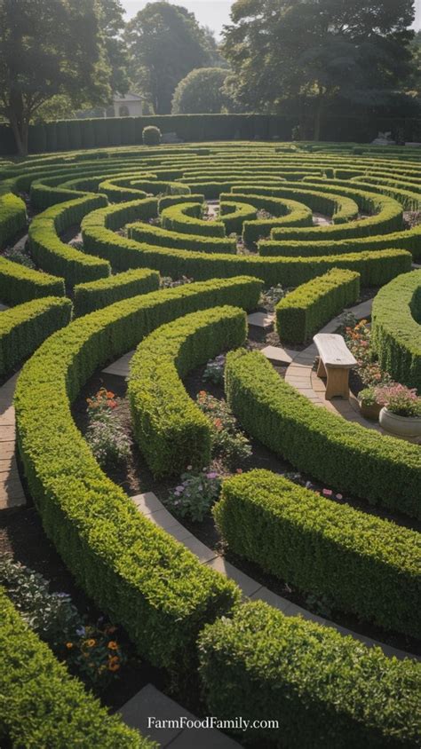 Large Backyard Landscaping Ideas With Circular Hedge Maze And Garden Bench Labyrinth