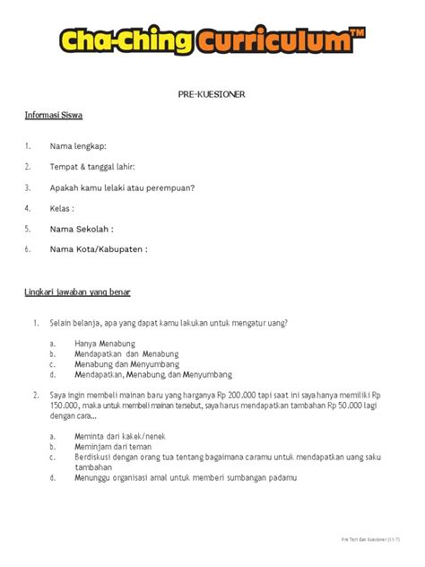 Pre Kuesioner Cha Ching Curriculum Pdf
