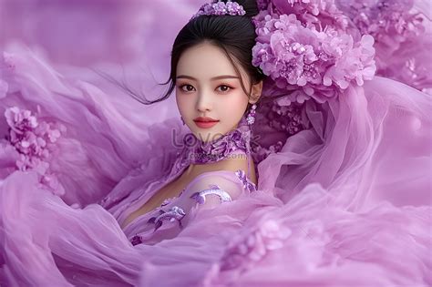 보라색 드레스를 입은 아름다운 여자