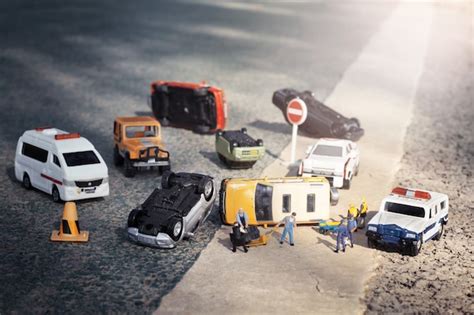 거리에서 자동차 미니어처 장난감 모델 사고 현장 보험 테러 개념 프리미엄 사진