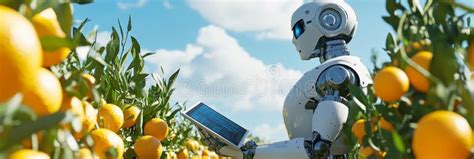 A Humanoid Robot Stands In A Vibrant Orange Orchard Holding A Digital Tablet This Image