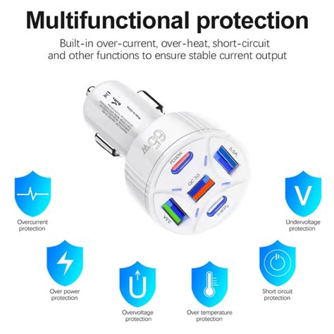 Te P50 65w Pd30w Type C X 2 Usb X 3 멀티 포트 차량용 충전기흰색