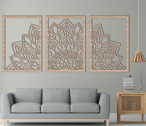 Mandala With Flower Panel Set Of 3 Wood Wall Art Bohemian Geometric