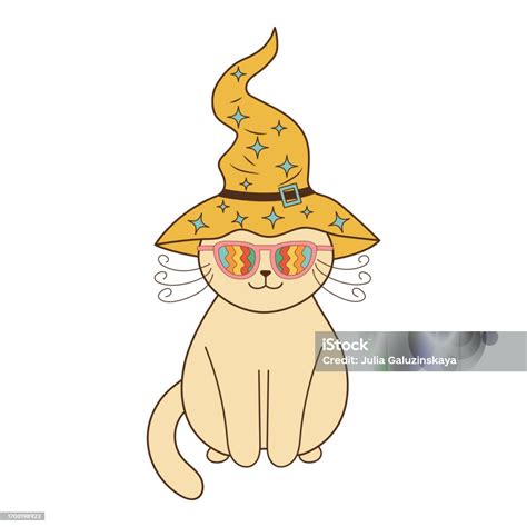무지개 안경과 마녀 모자를 쓴 그루비 할로윈 고양이 사이키델릭 히피 캐릭터 10월에 대한 스톡 벡터 아트 및 기타 이미지 10월 1960 1969 년 1970