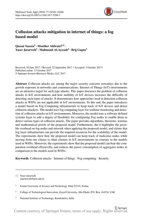 Collusion Attacks Mitigation In Internet Of Things A Fog Based Model