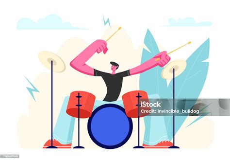 드럼에 막대기로 하드 록 음악을 연주하는 흥분 드러 머 타악기 악기와 무대에서 수행 재능 음악가 캐릭터 음악 스타 엔터테인먼트