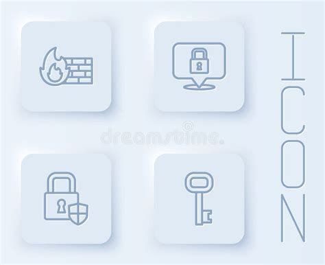Set Line Firewall Security Wall Lock Shield With Lock And Old Key White Square Button