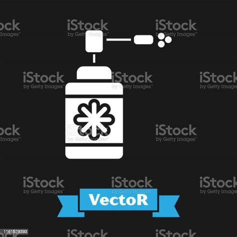 검은 색 배경에 고립 된 코와 인후 아이콘의 질병 치료를위한 노즐 스프레이가있는 백색 의료 병 벡터 일러스트레이션 건강관리와