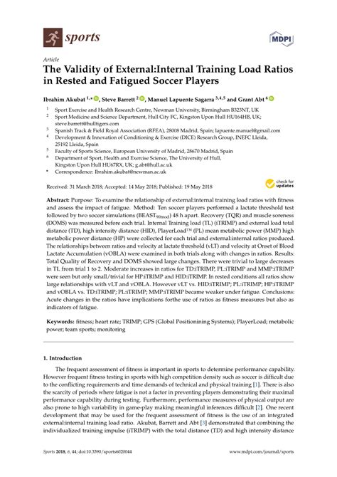 Pdf The Validity Of Externalinternal Training Load Ratios In Rested And Fatigued Soccer Players