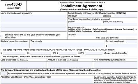 Irs Form 433 D Instructions Setting Up An Installment Agreement